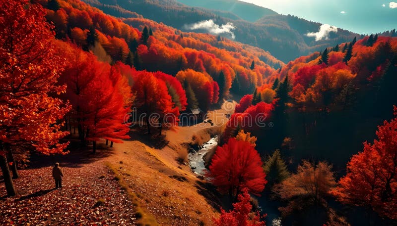 Red Autumn Forest View Seen from the Highlands Stock Illustration ...