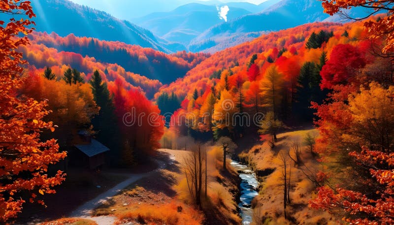 Red Autumn Forest View Seen from the Highlands Stock Illustration ...