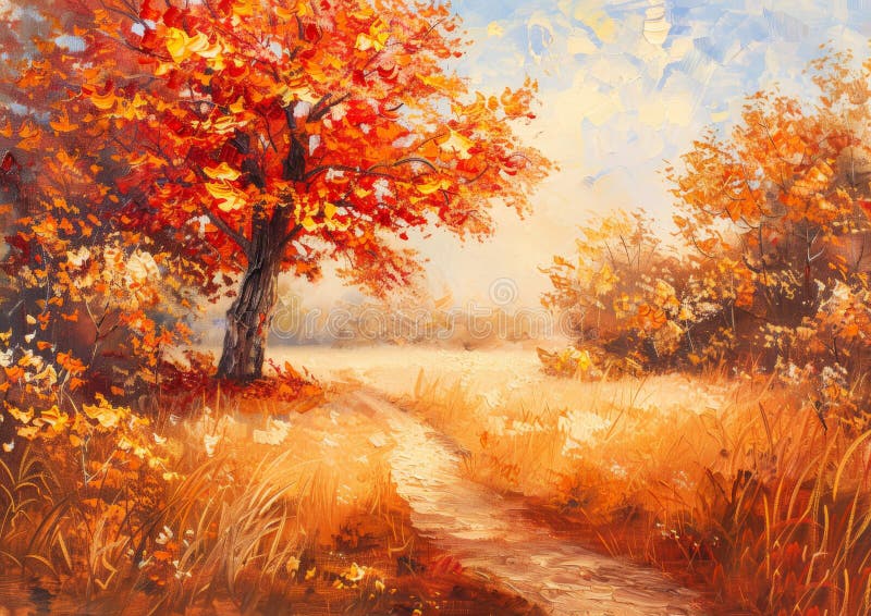 Red Autumn Tree. Fall Landscape Stock Image - Image of field, generated ...