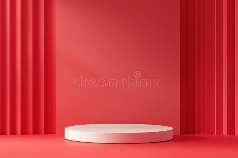 Red Backdrop with Circular Podium, Vertical Lines, Minimalist Design ...