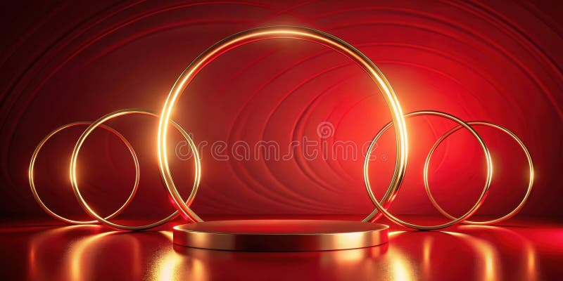 Red Backdrop with Golden Circular Platform and Hoops. Generative AI ...