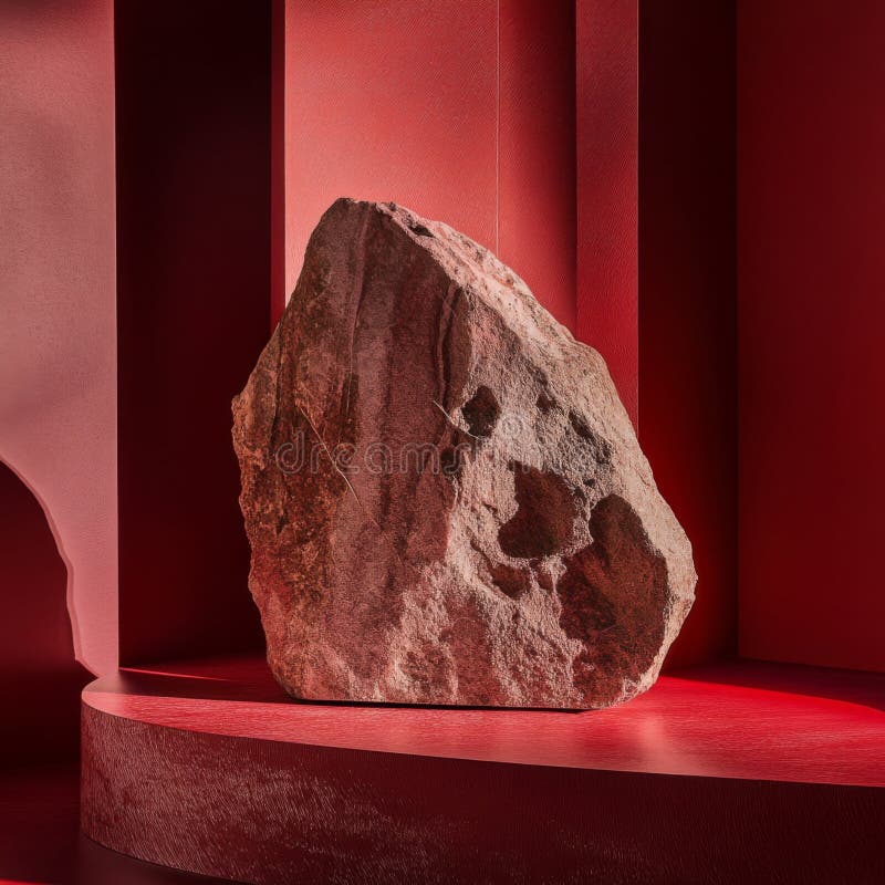 Red Backdrop Rock Display: Natural Stone on Curved Pedestal in Modern ...