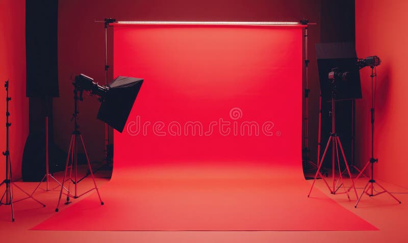 A Red Backdrop with Three Lighting Stands in Front of it Stock Photo ...