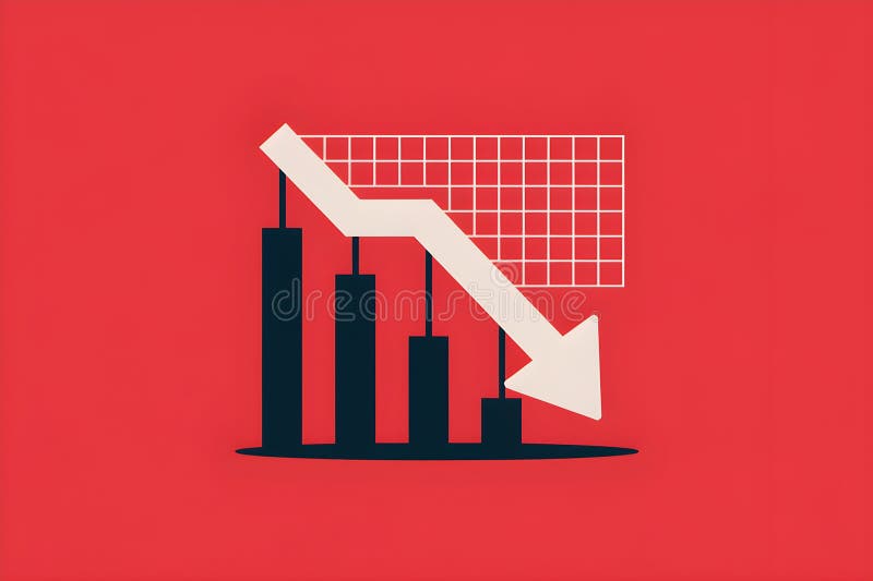 Red Background, Downward Arrow with Grid Pattern, Vertical Bars Suggest Decline Stock ...