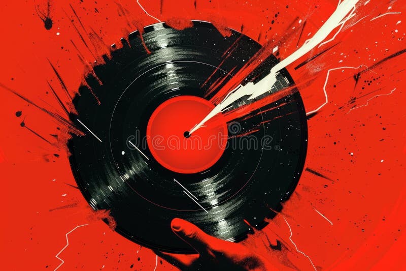 Red Background with Floating Record Collages in the Air, Digital ...