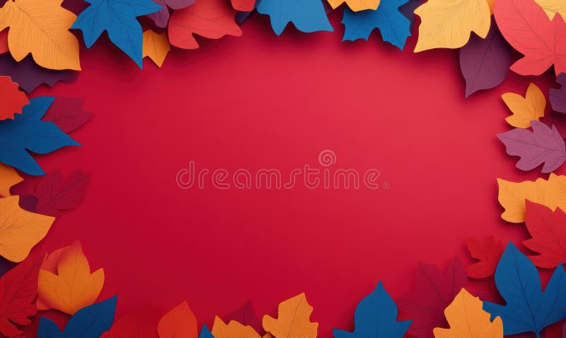 A Red Background with a Frame of Colorful Leaves Stock Illustration ...
