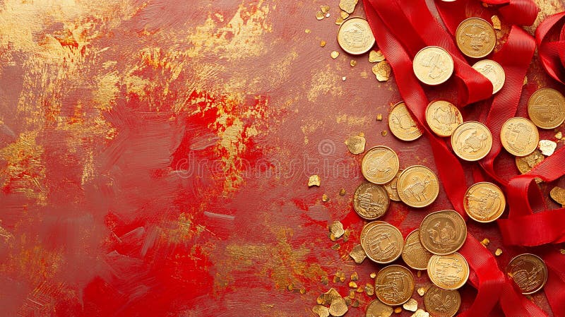 A Red Background with Gold Coins and a Red Ribbon. the Coins are ...