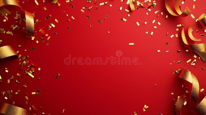 Red Background with Gold Confetti and Ribbons Illustration Stock Photo ...