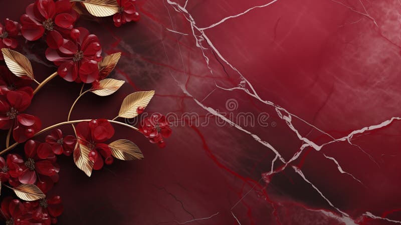 A Red Background with a Gold Leafy Stem and Red Flowers Stock Photo ...