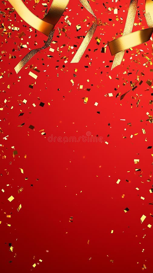 Red Background with Golden Confetti and Ribbons Illustration Stock ...