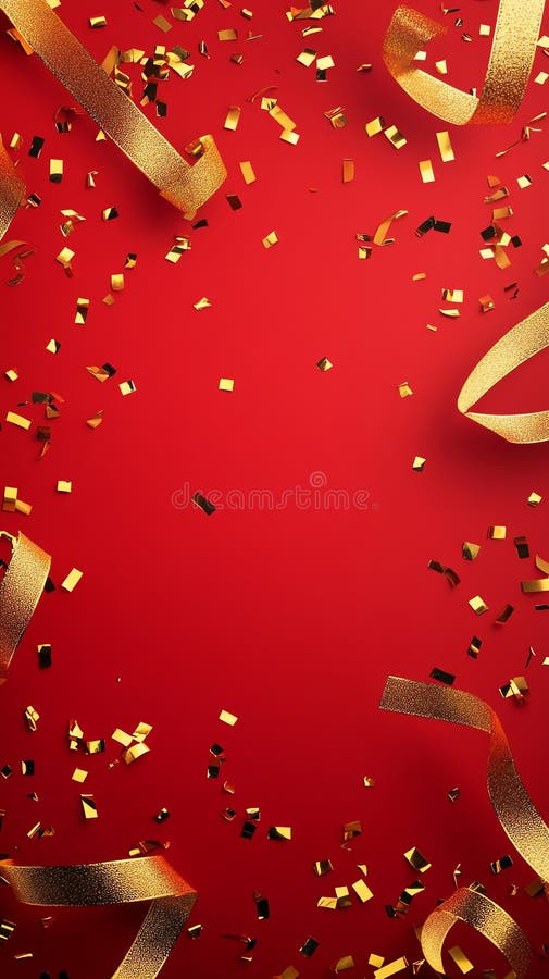 Red Background with Golden Ribbons and Confetti Illustration Stock ...