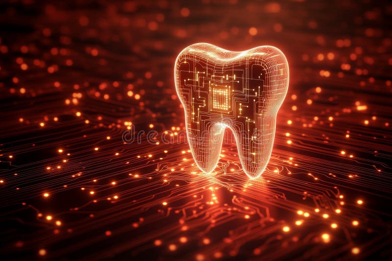 Red Background Highlighting a Cybernetic Tooth with Neon Circuits Stock ...