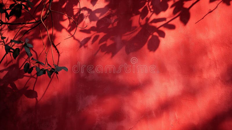 A Red Background with a Leafy Tree in the Foreground Casting a Shadow ...