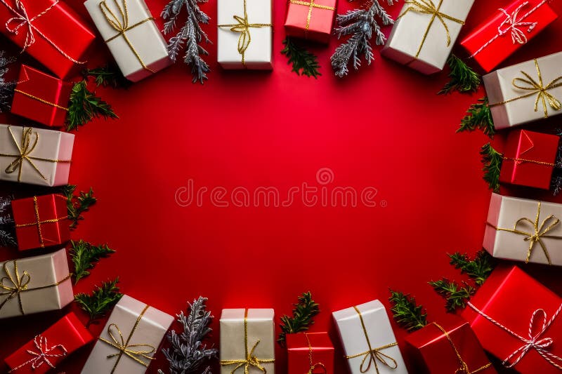 A Red Background with Many Boxes of Christmas Presents. Christmas ...