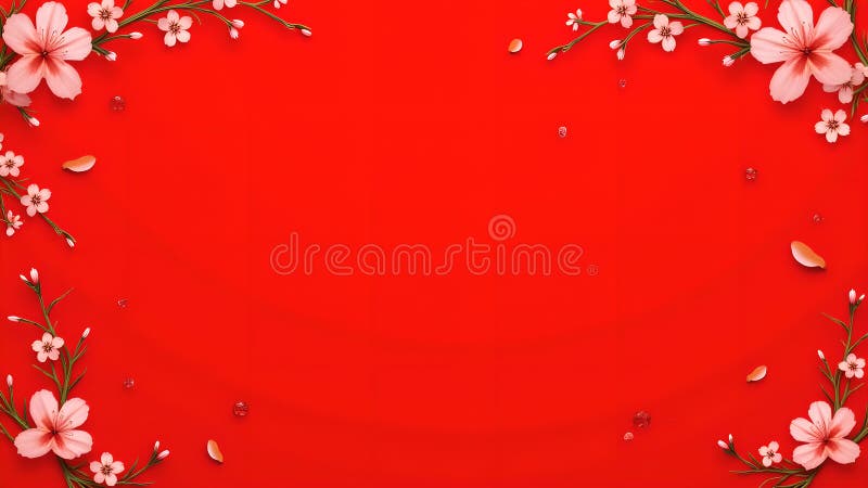 Red Background with Pink Flowers Frame. Concept of Spring, Celebration ...