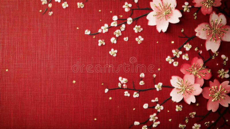 Red Background with Pink and Gold Cherry Blossoms Stock Illustration ...