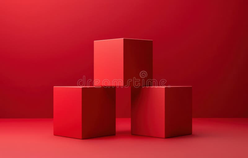 Red Background with Three Cubes Stacked in a Geometric Arrangement on a ...