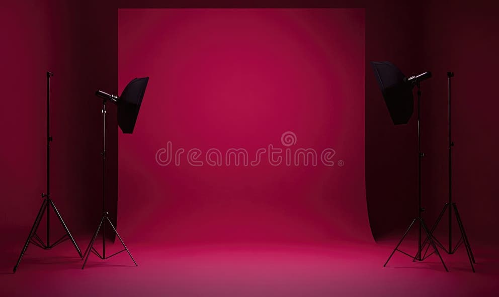 A Red Background with Two Black Lighting Stands Stock Photo - Image of ...