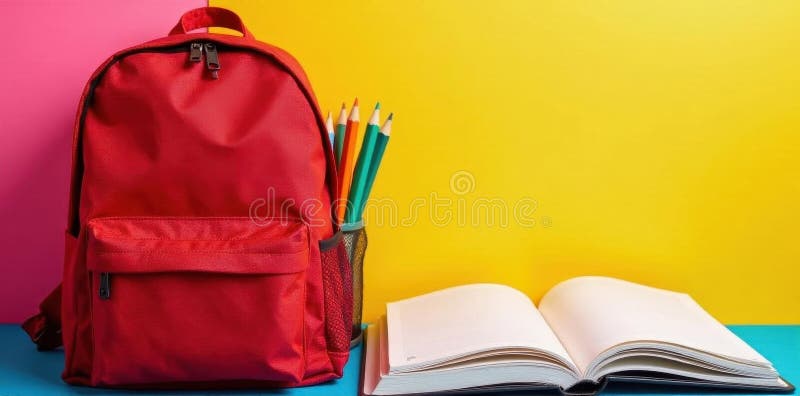 Red Backpack, Colorful Pencils, Open Notebook, Reading, Classroom ...