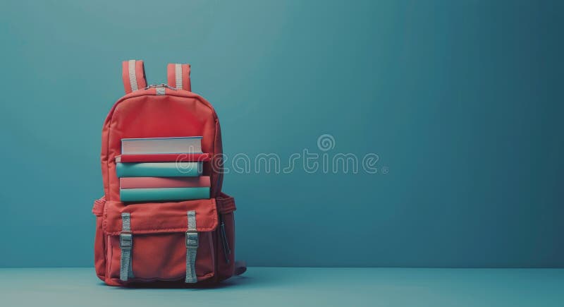 Red Backpack Filled with Books on Blue Background Stock Photo - Image ...