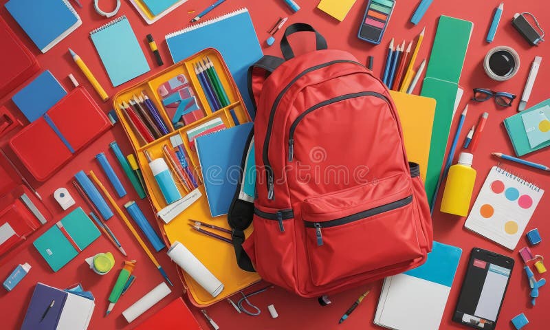 Red Backpack with Multiple Compartments Sits Amidst Vibrant Array ...