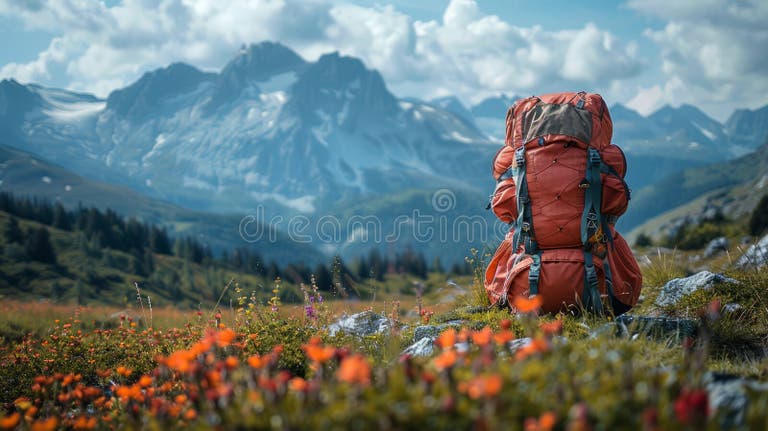 A Red Backpack Packed for a Journey, Placed on the Ground, Set Against the Backdrop of Majestic ...