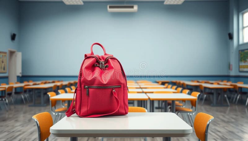 A Red Backpack Sitting on Top of a Table in a Classroom Stock ...