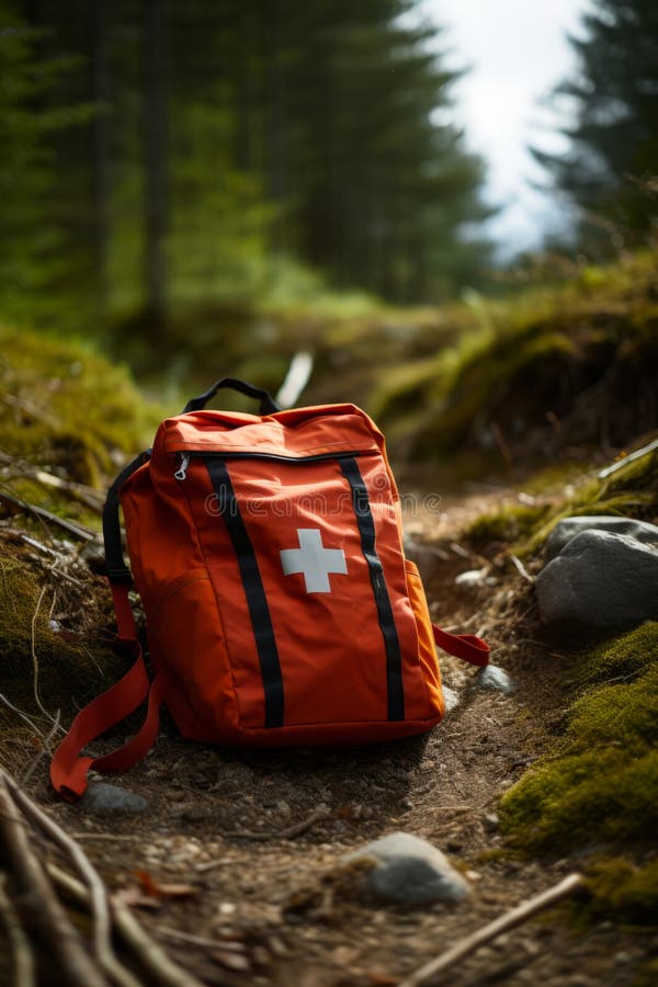 Red Backpack Sitting on Trail in the Woods with White Cross on it ...