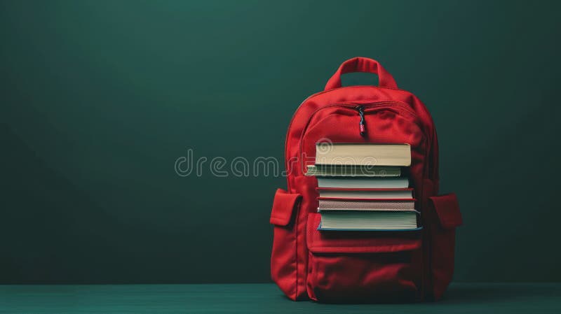 Red Backpack with Stack of Books, Convenient Carrying Solution for Your ...