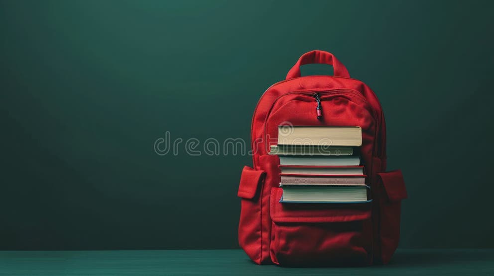 Red Backpack with Stack of Books, Convenient Carrying Solution for Your ...