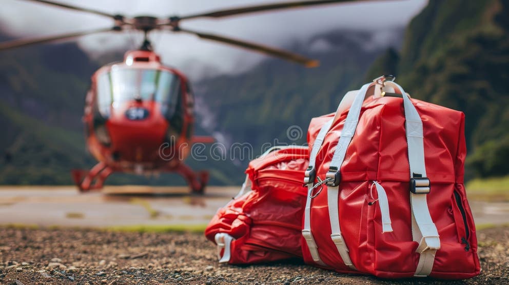 The Red Backpacks and Helicopter. AI Generated Stock Image - Image of ...