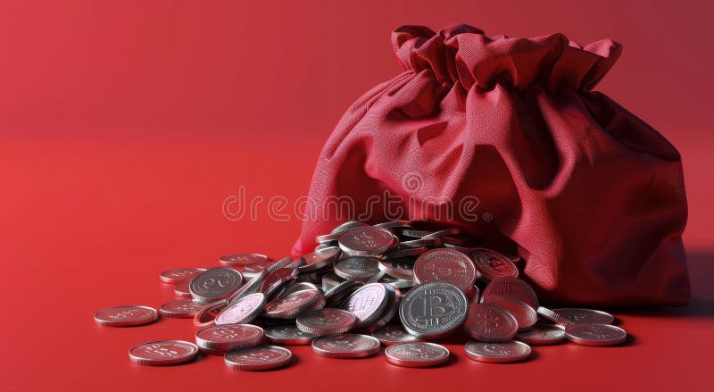 Red Bag Filled with Coins on Red Surface Stock Image - Image of surface ...