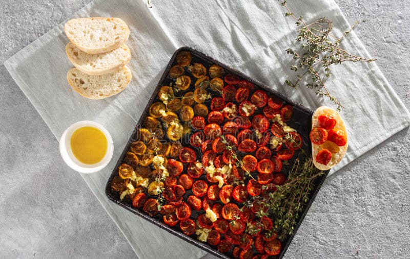 Red Baked Cherry Tomatoes in Baking Tray Top View Stock Image - Image ...