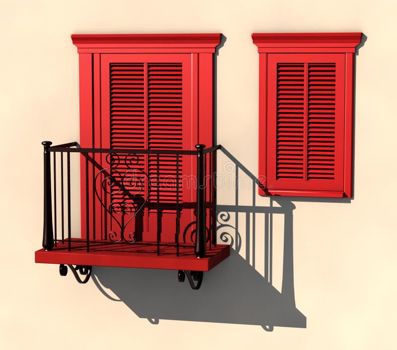 Red Balcony and Window in Strong Summer Light Stock Illustration ...