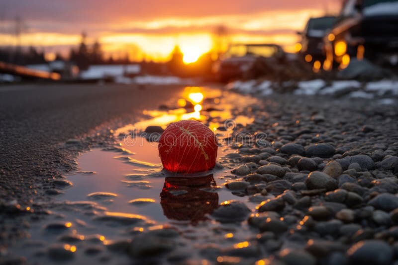 A Red Ball Sitting in a Puddle of Water with a Sunset in the Background ...
