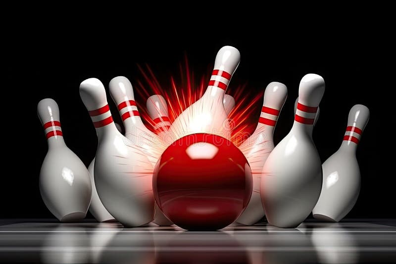 A Red Ball Strikes White Bowling Pins Strike Motion Frozen Time Stock ...