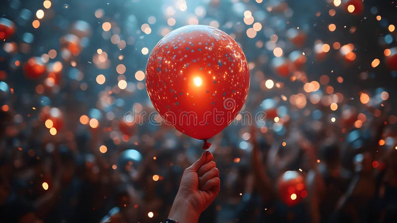 Red Balloon with Confetti in a Crowd of Bokeh Lights Illustration Stock ...