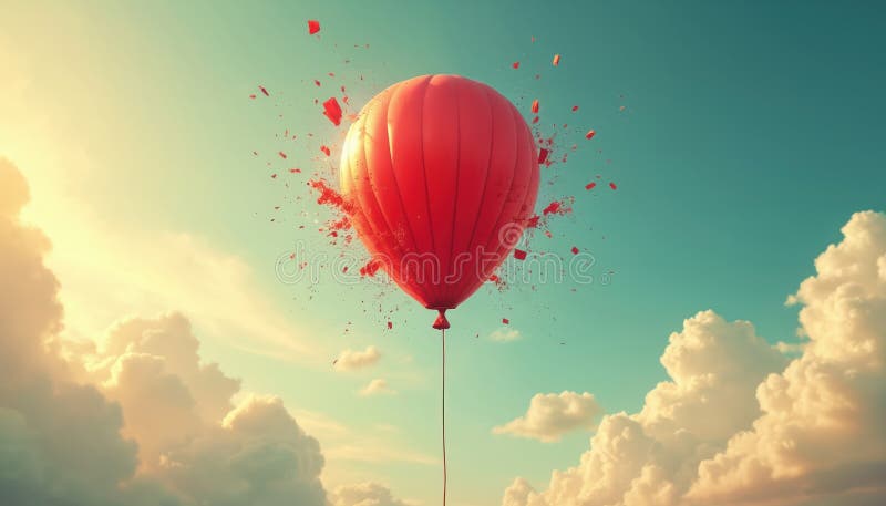 Red Balloon Exploding Mid-air Against Cloudy Sky. Burst Creates Dynamic ...