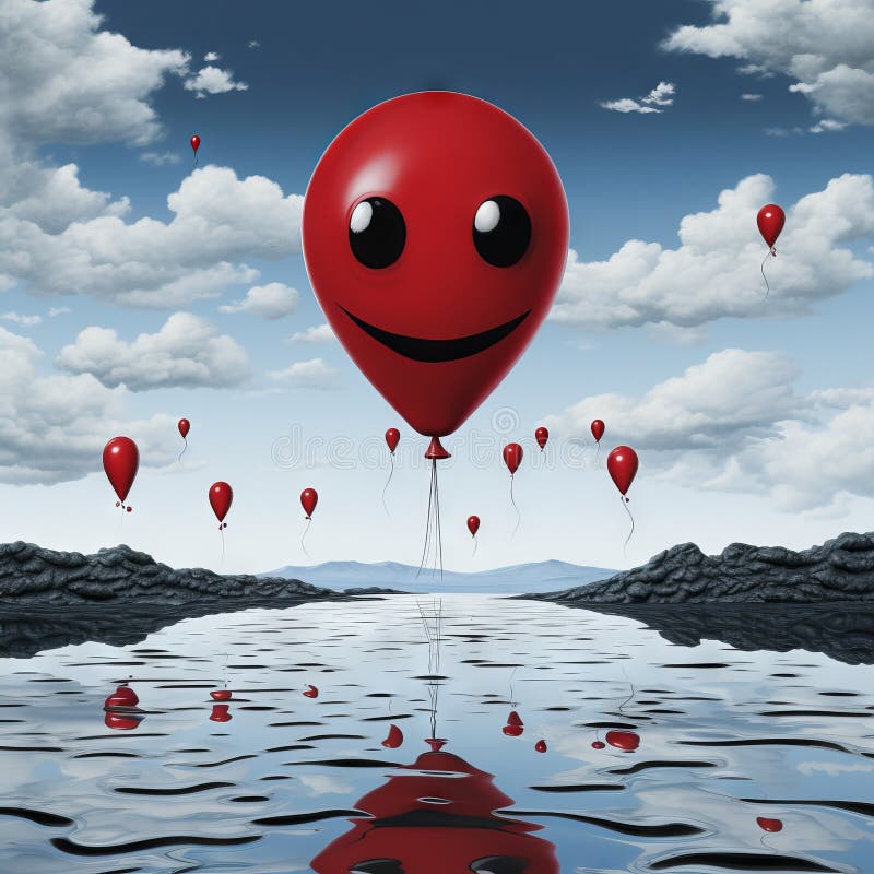 Red Balloon Floating in the Blue Sky with Clouds and Water Reflection ...