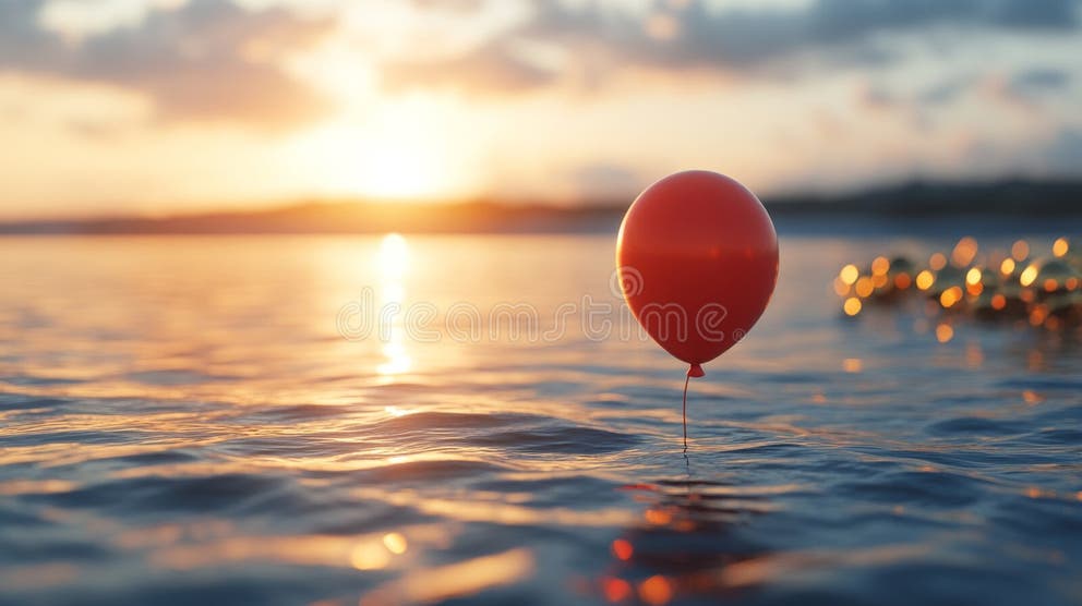 Red Balloon Floating on Calm Water at Sunset Stock Illustration ...