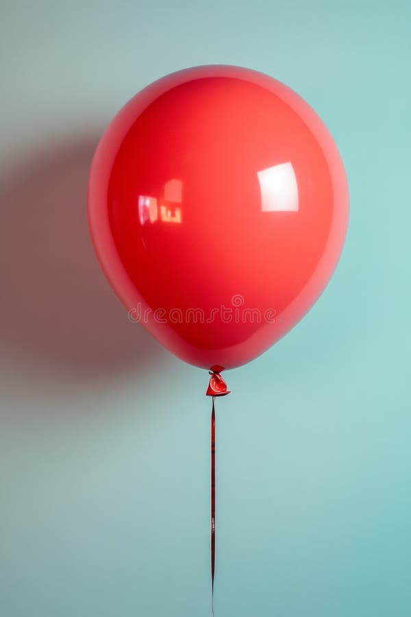 Red Balloon Floating on a String Against a Teal Background Stock Photo ...