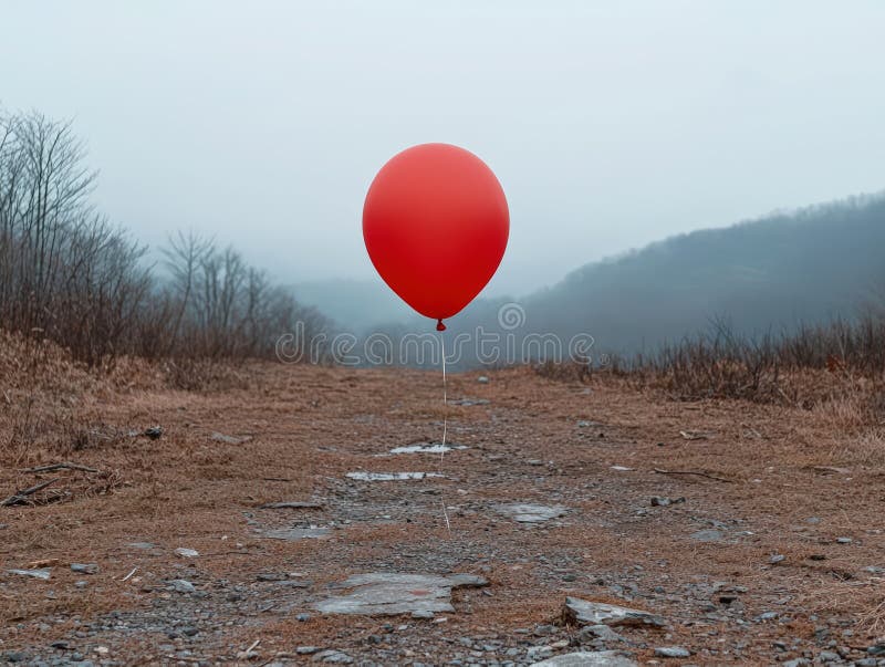 A Red Balloon Floats Along a Misty Path. Stock Illustration ...