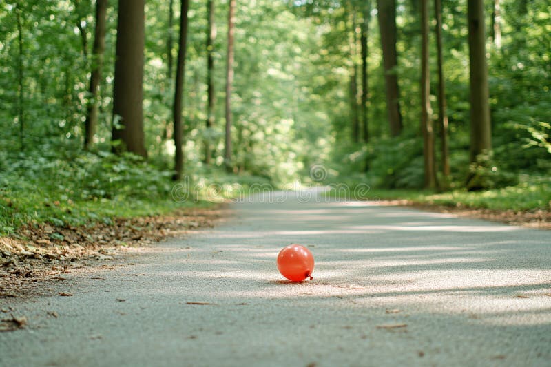 Red Balloon Lying on Park Path. Red Balloon Theory in Grief Stock Photo ...