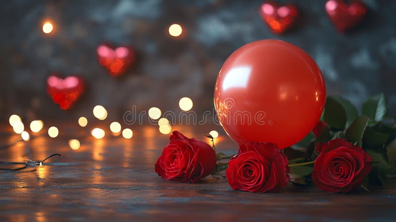 Red Balloon Roses and Hearts Romantic Valentines Scene Stock ...