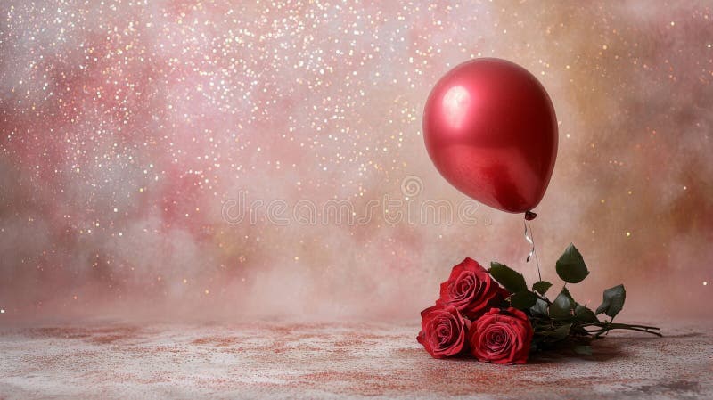 Red Balloon and Roses Romantic Valentines Day Scene Stock Illustration ...