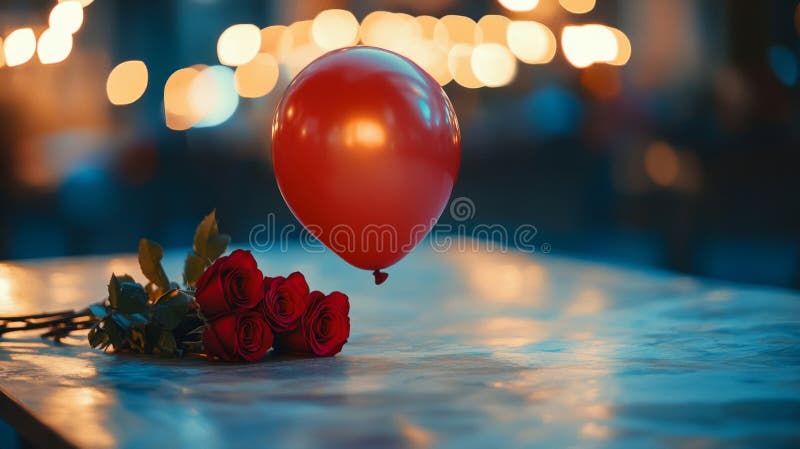 Red Balloon and Roses on a Table at Night Stock Illustration ...