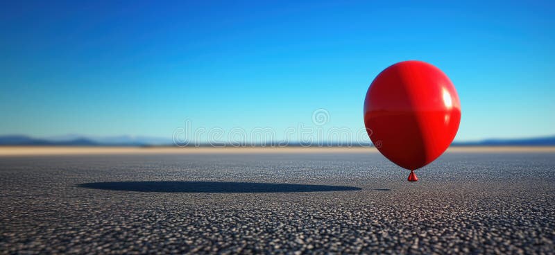 Red Balloon Standing Alone on Vast Desert Landscape Under Clear Blue ...