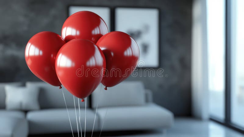 Red Balloons Float in Modern Living Room Setting Stock Illustration ...