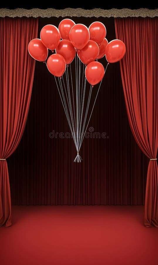 Red Balloons Floating Above a Stage Curtain. Stock Illustration ...