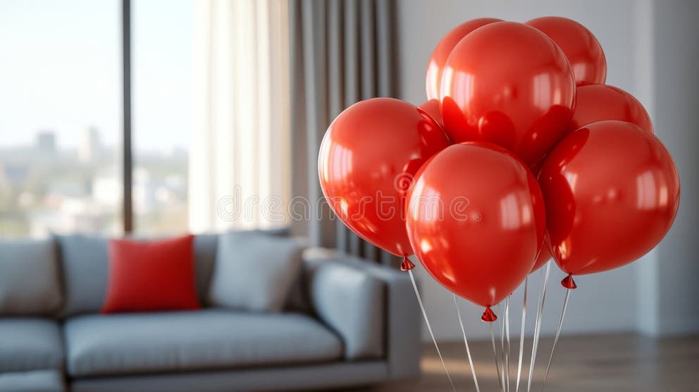 Red Balloons in a Modern Living Room Setting Stock Illustration ...
